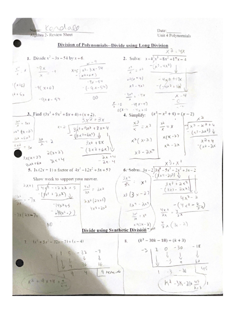 Algebra 2 - Review Sheet | PDF