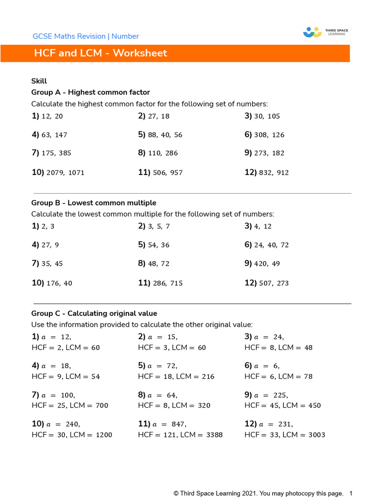 Third Space Learning HCF and LCM GCSE Worksheet | PDF