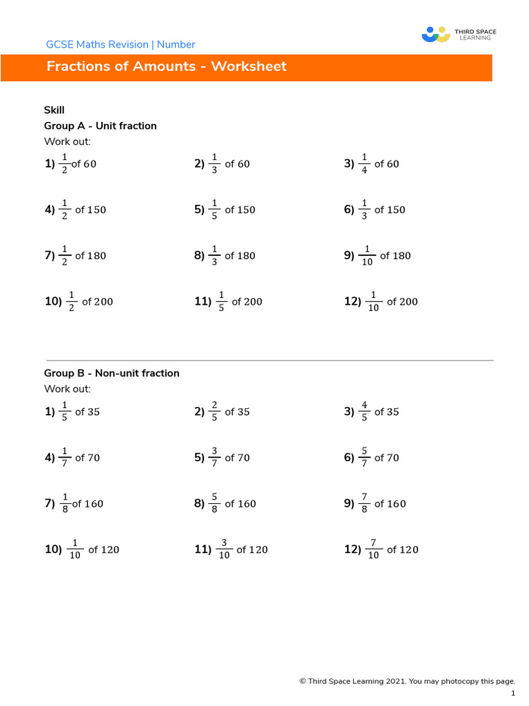 Third Space Learning Fractions of Amounts GCSE Worksheet | PDF