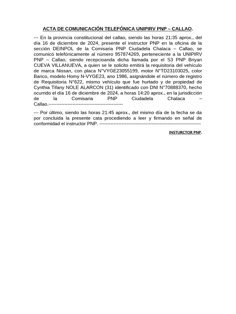 ACTA DE COMUNICACIÓN A LA UNIPIRV PNP | PDF