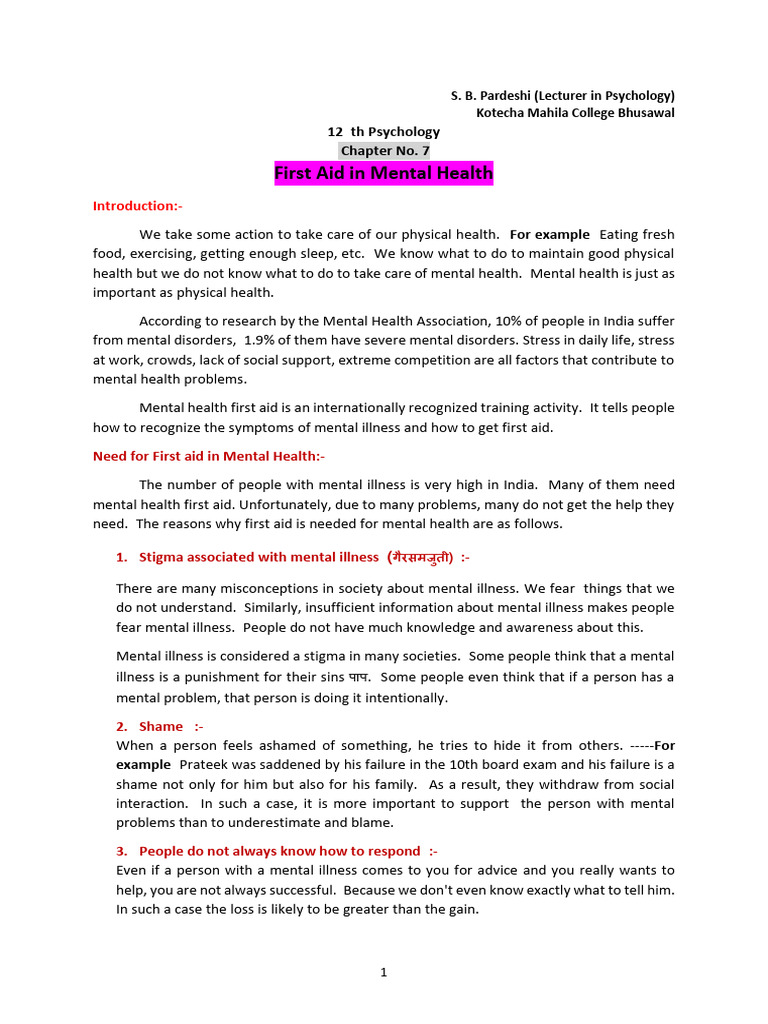 12.Ch.7 First Aid in Mental Health (E) | PDF | Anxiety | Mental Disorder