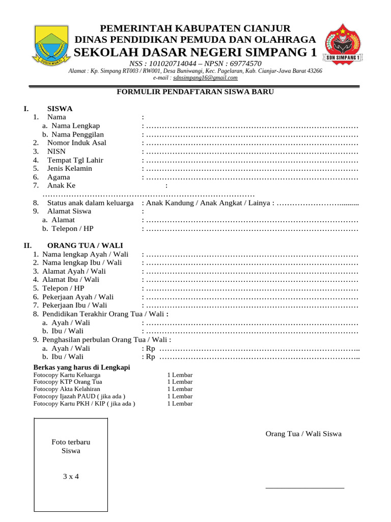 Formulir Pendaftaran Siswa Baru SDN Simpang 1 | PDF