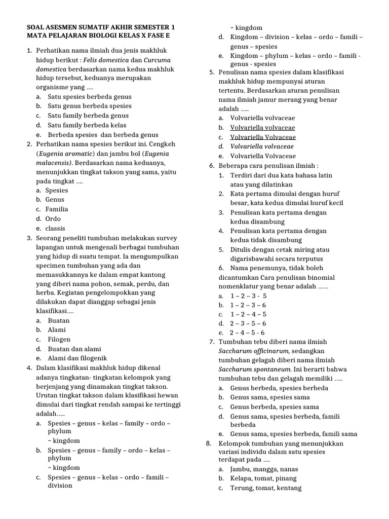 Soal Asesmen Sumatif Akhir Semester 1 Mata Pelajaran Biologi Kelas X Fase e | PDF