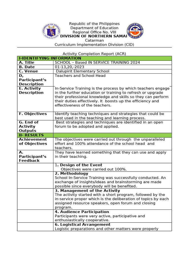 ACR-SCHOOL INSET - | PDF | Teachers | Cognition