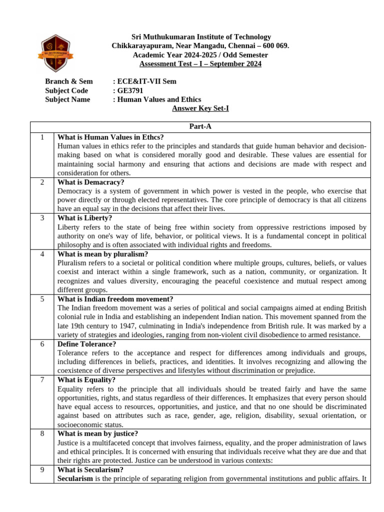 GE3791-HVEAT-I QP Answer Key | PDF | Secularism | Democracy