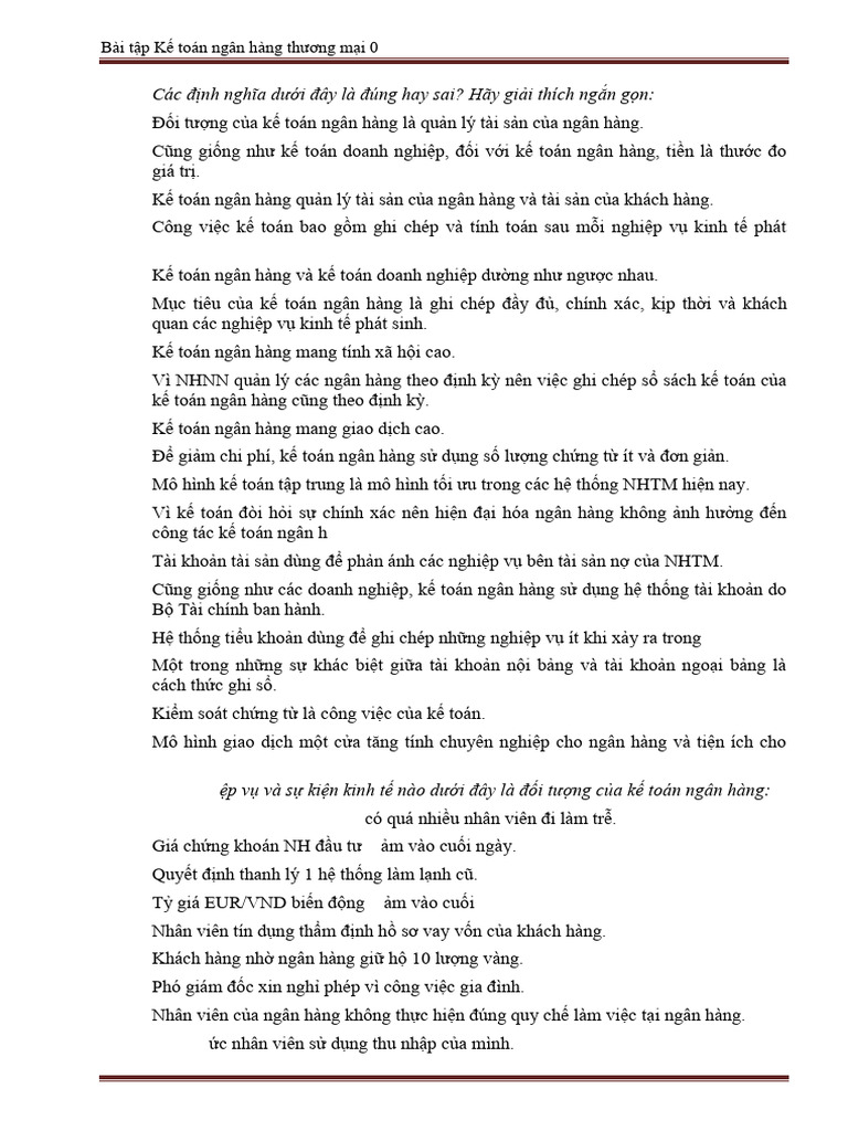 BÀI TẬP KẾ TOÁN NHTM 01.2024 | PDF