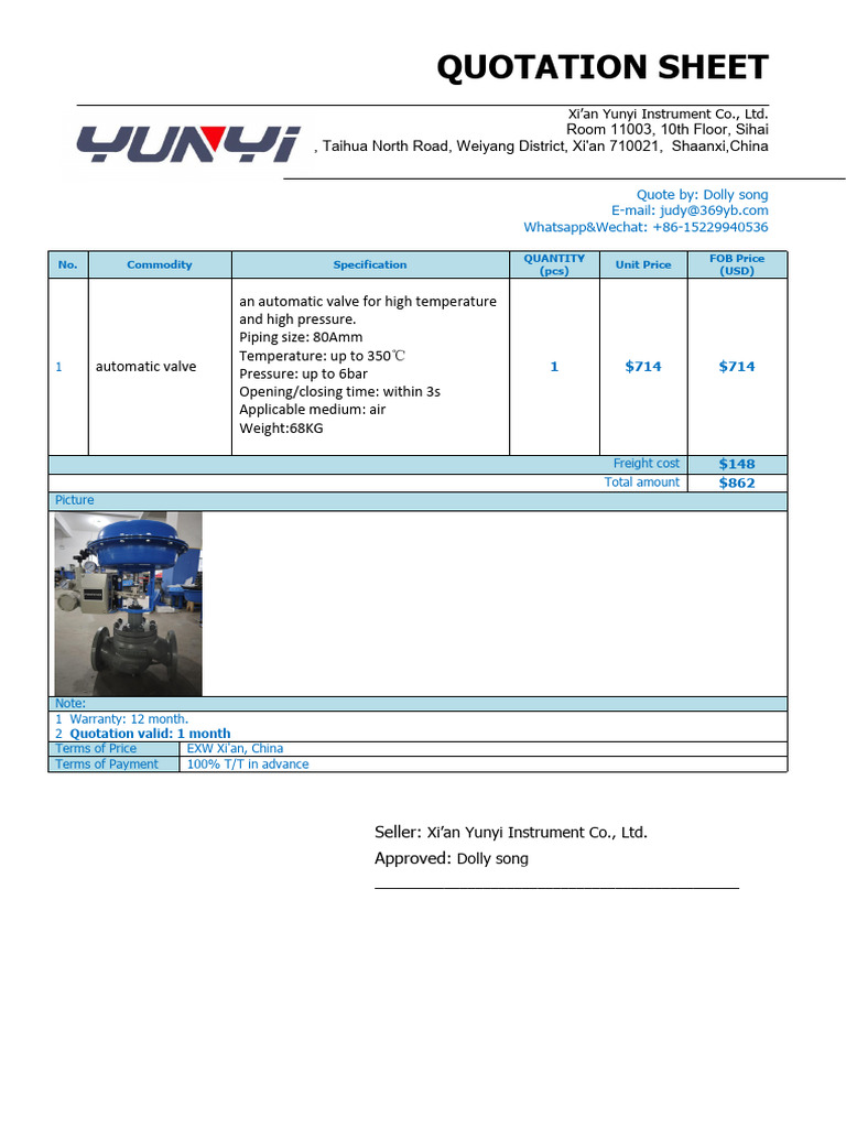 YUNYI Quotation(automatic valve ) | PDF