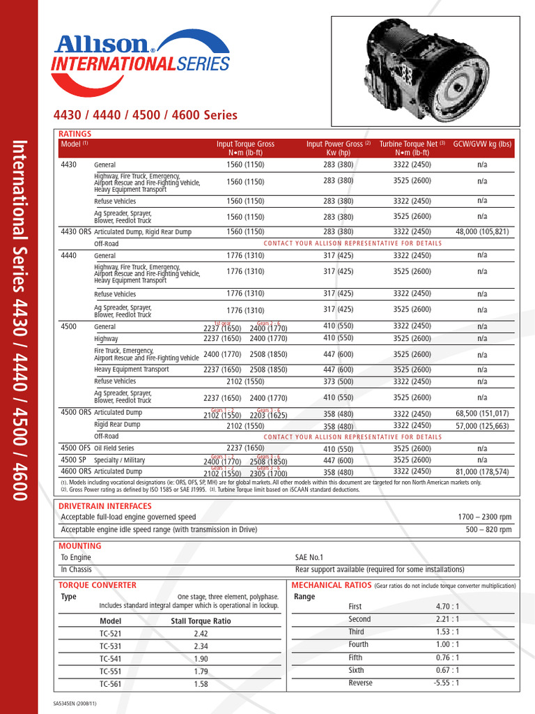 4430&4440&4500&4600 Series Specification Sheet | PDF | Vehicle Technology | Motor Vehicle