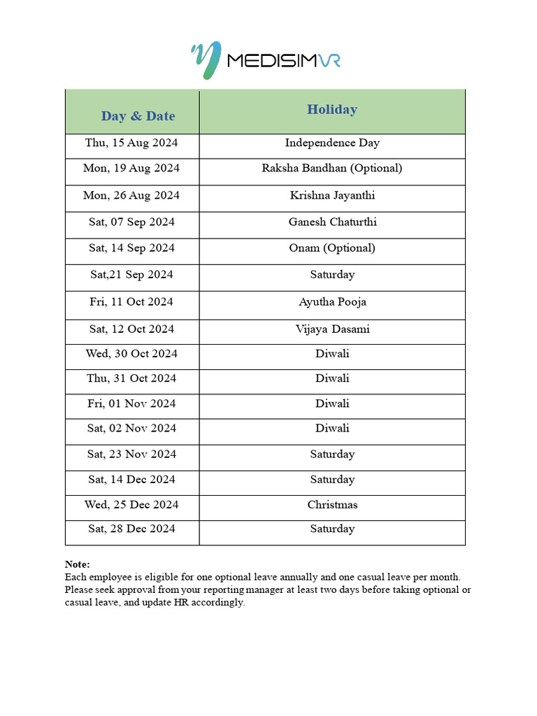2024 Employee Holiday Schedule | PDF