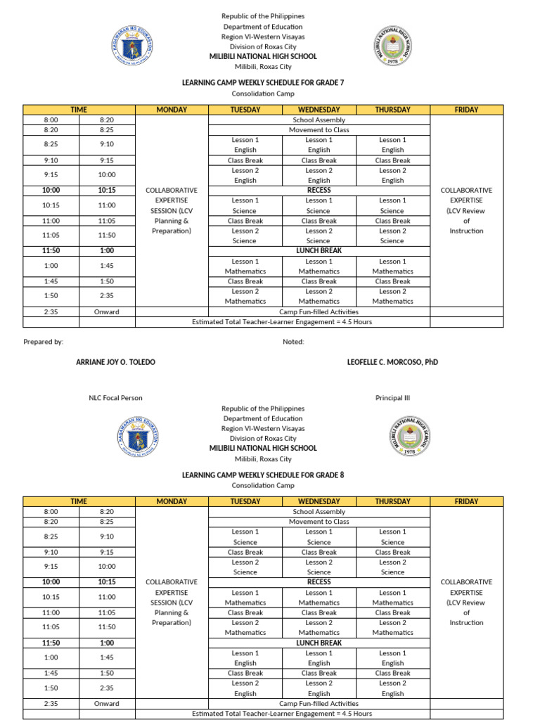 Learning Camp Weekly Schedule | PDF