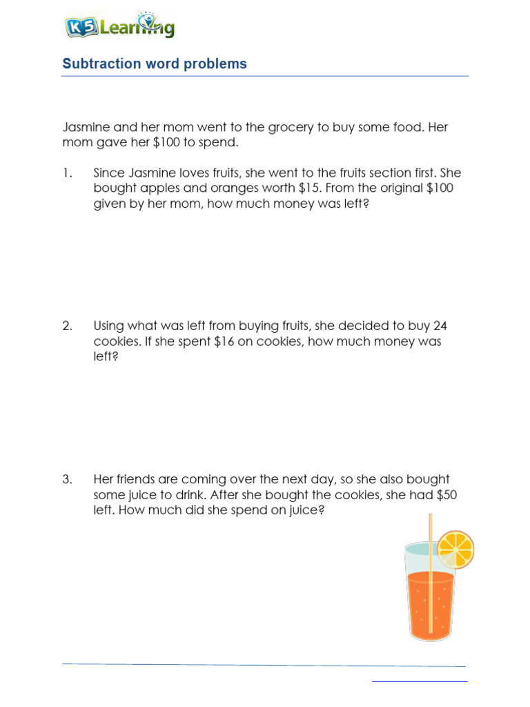 Subtraction word problems | PDF | Juice | Diet & Nutrition