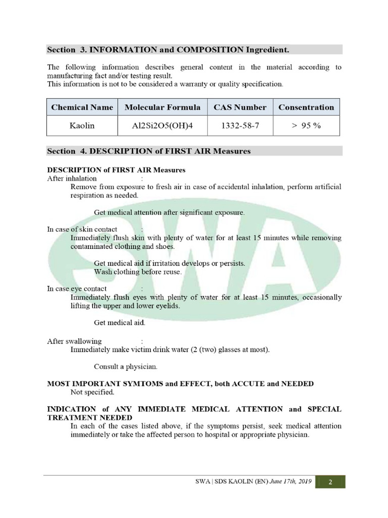 Msds Kaolin 4 | PDF