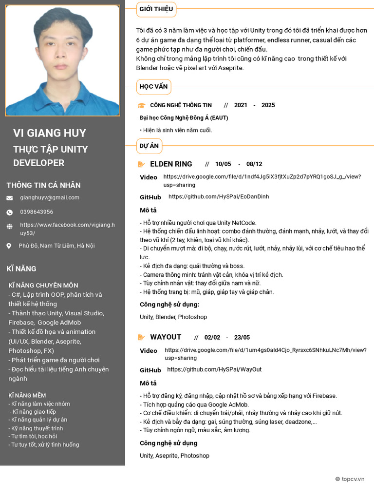 CV Thực tập Unity | PDF