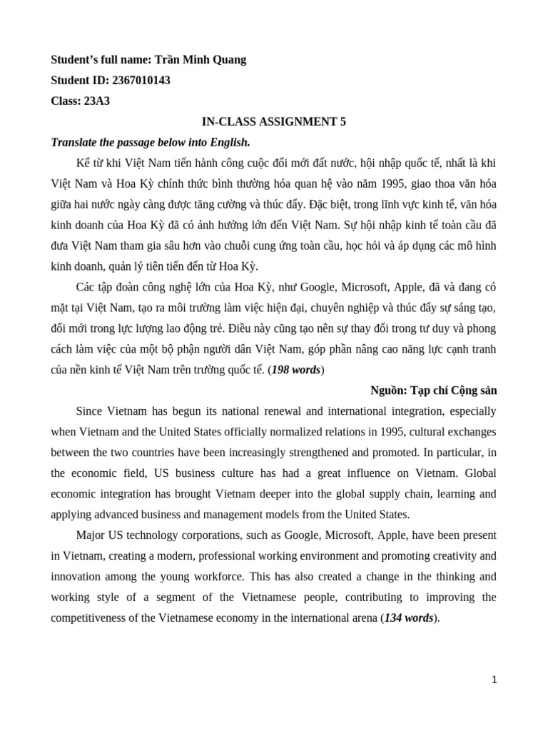In-Class Assignment 5 - Tran Minh Quang | PDF