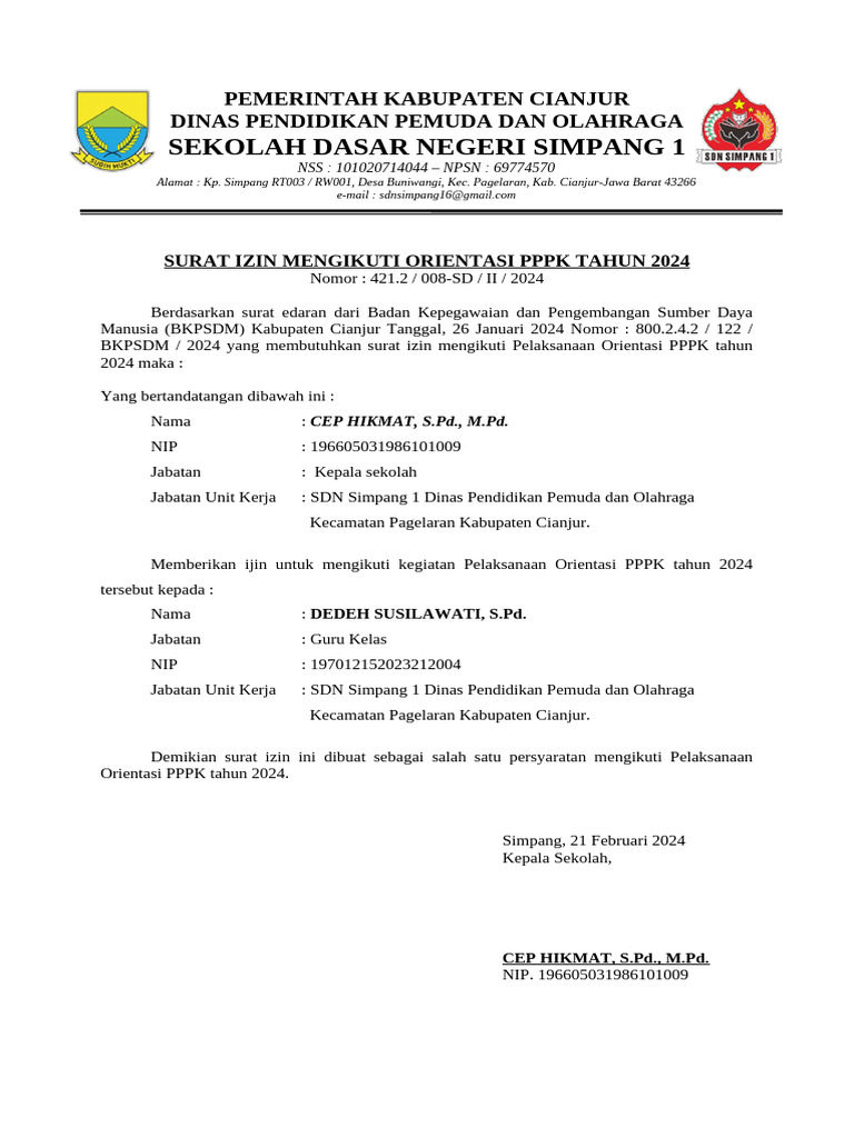 SURAT IJIN MENGIKUTI ORIENTASI PPPK TAHUN 2024[1] | PDF