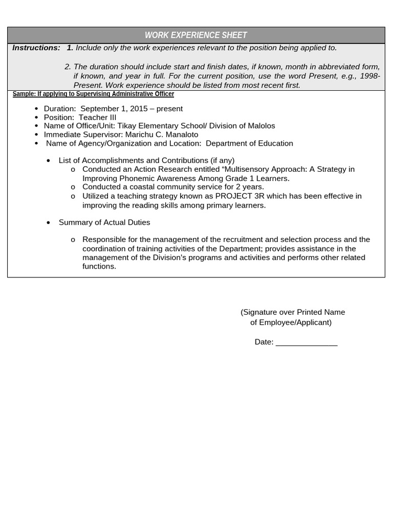 CS Form No. 212 Attachment - Work Experience Sheet (1) | PDF