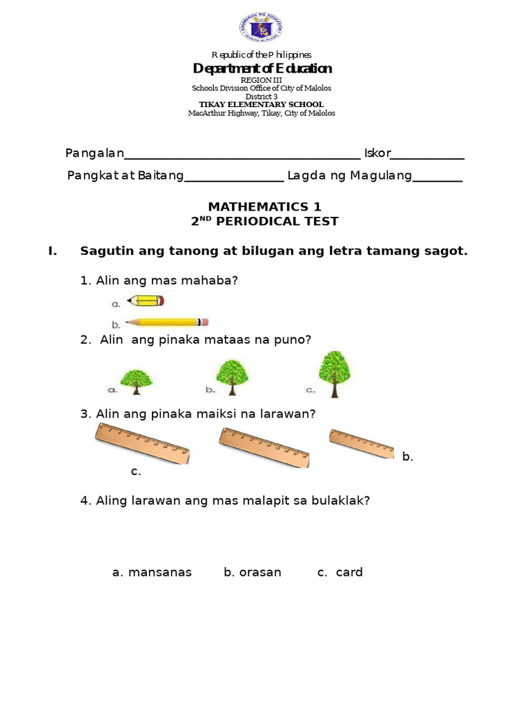 MATH 2ND PERIODICAL TEST Q.2 MATATAG With Key To Correct. | PDF