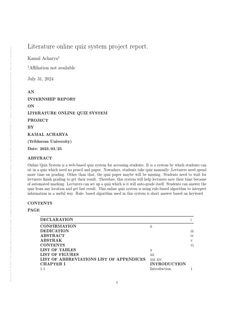 Literature Online Quiz System Project Report.: Kamal Acharya ...