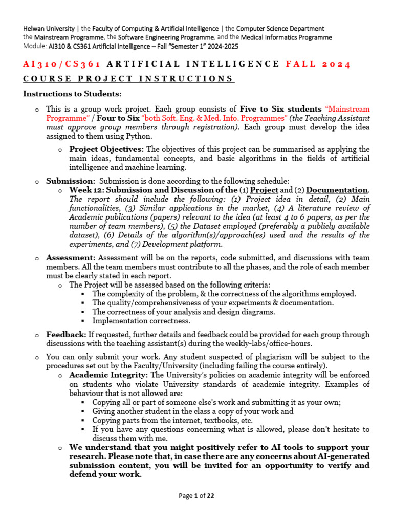 AI310 & CS361 Artificial Intelligence (Projects Description) Fall 2024[1] | PDF | Genetic ...
