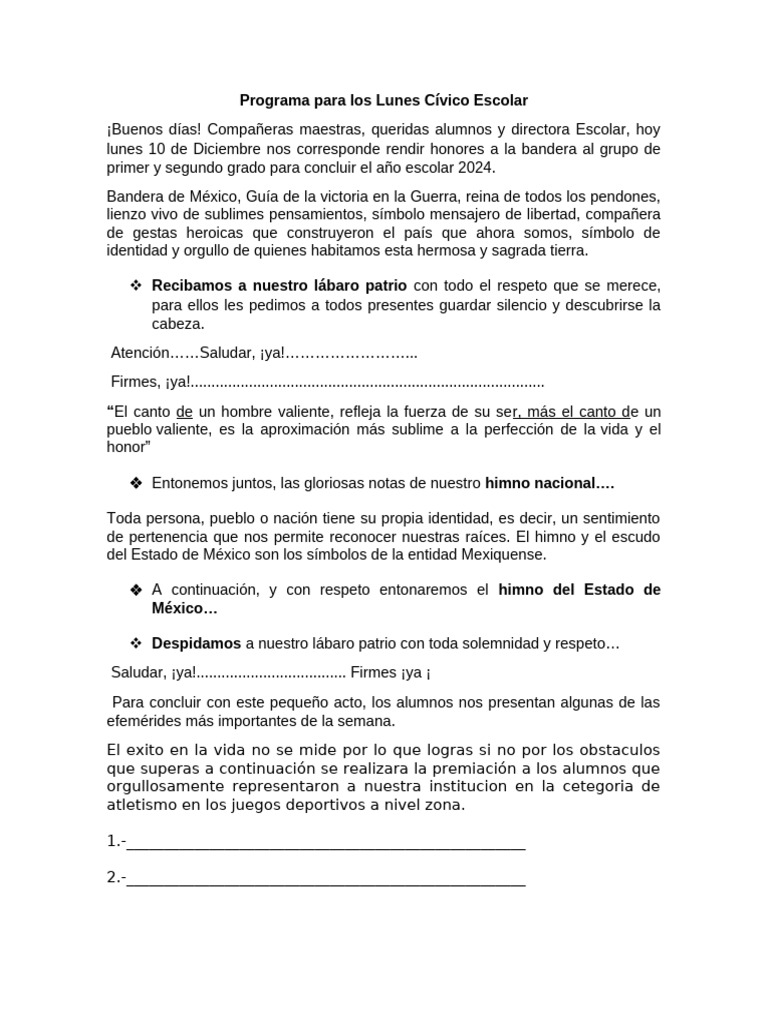 Programa Cívico Escolar de Lunes | PDF