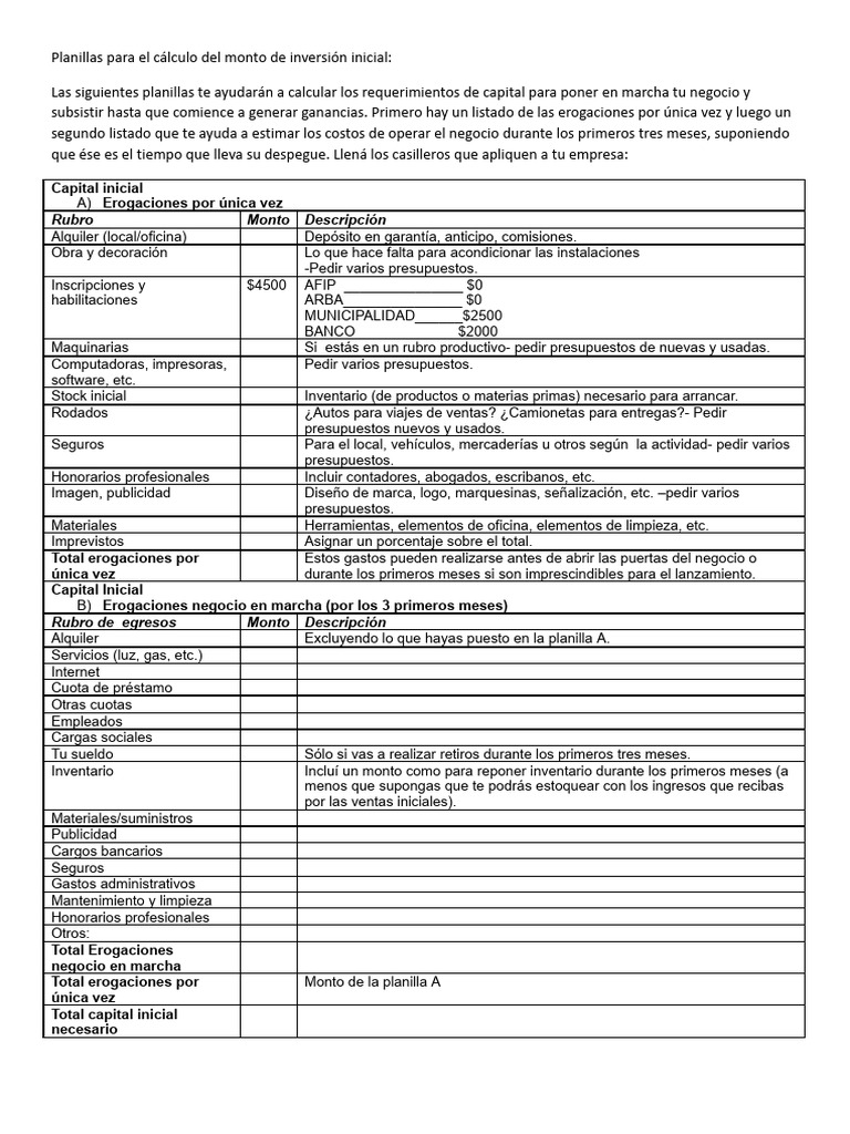 Planillas para El Cálculo Del Monto de Inversión Inicial 4TO | PDF ...