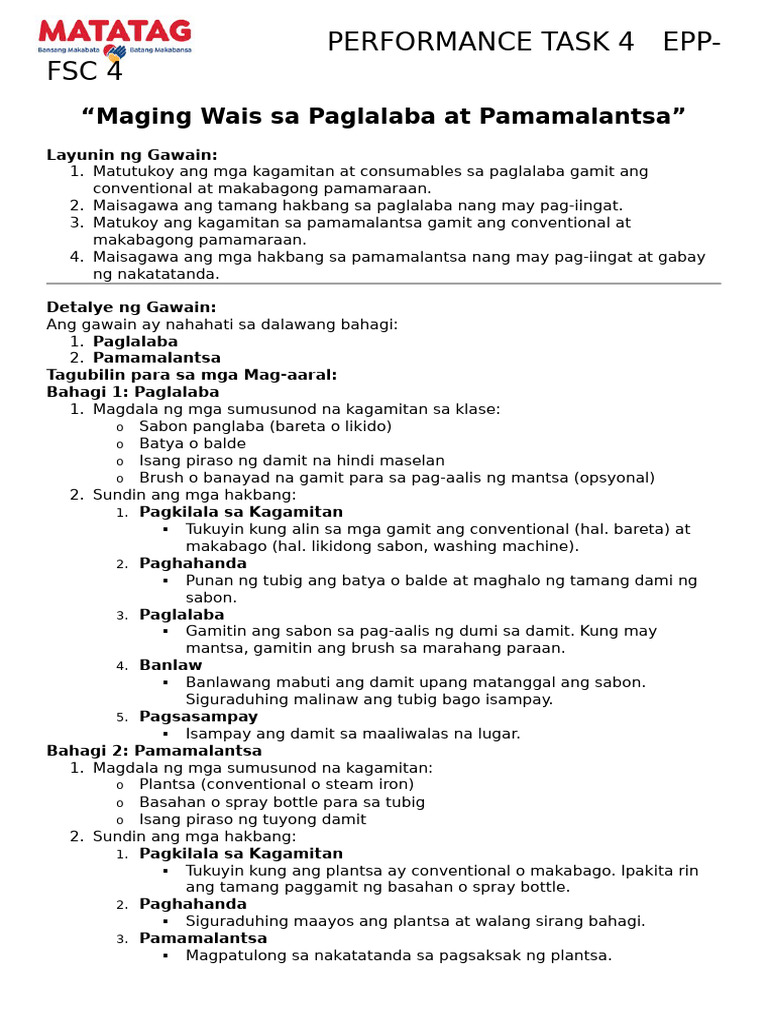 EPP-FSC 4 - PERFORMANCE TASK 4 | PDF