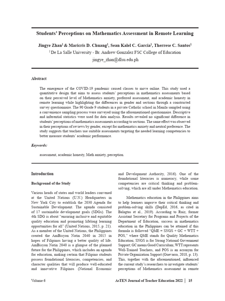 Students' Perceptions On Mathematics Assessment in Remote Learning ...