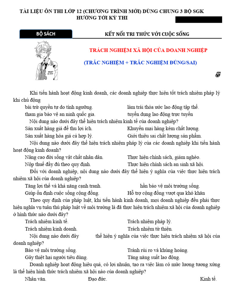 KNTT - K12 - Bài 6 - Trách Nhiệm Xã Hội Dủa Doanh Nghiệp (BT ĐÚNG SAI) - thptqg2025 | PDF