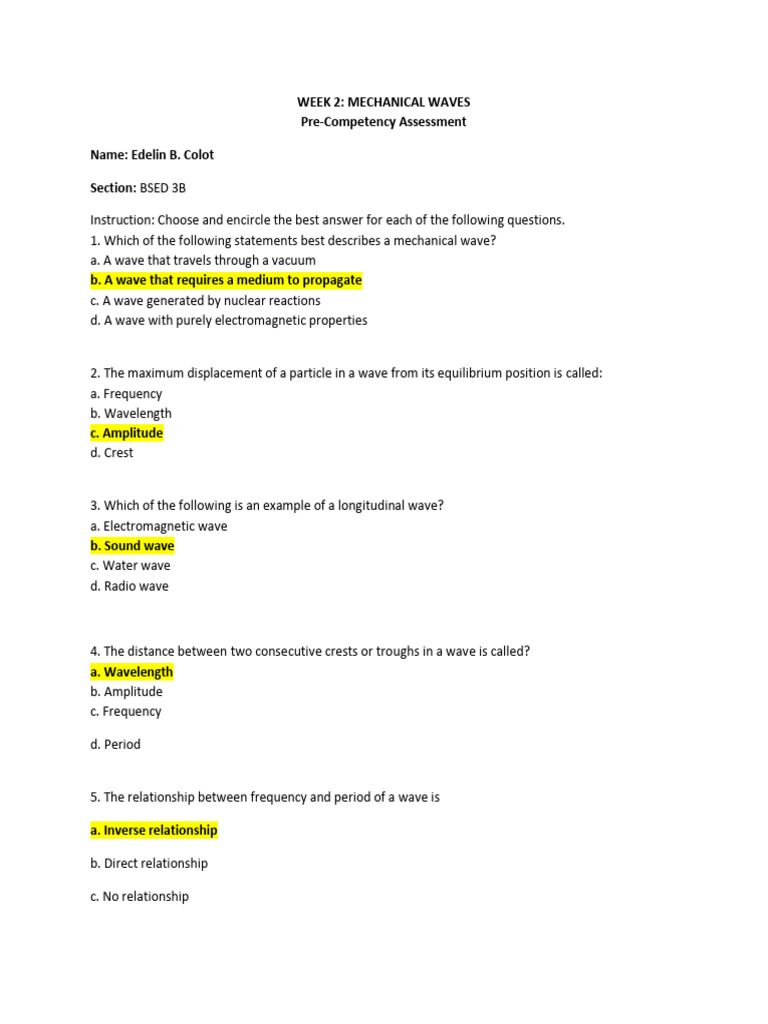 Mechanical Waves Quiz Guide | PDF
