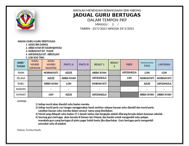 Jadual Guru Bertugas Minggu 2021 | PDF