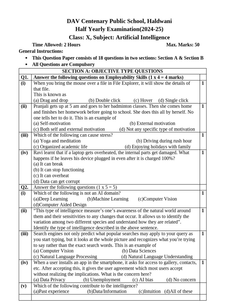 Ai Half Yearly Exam Question Paper X 2024 | PDF | Artificial ...
