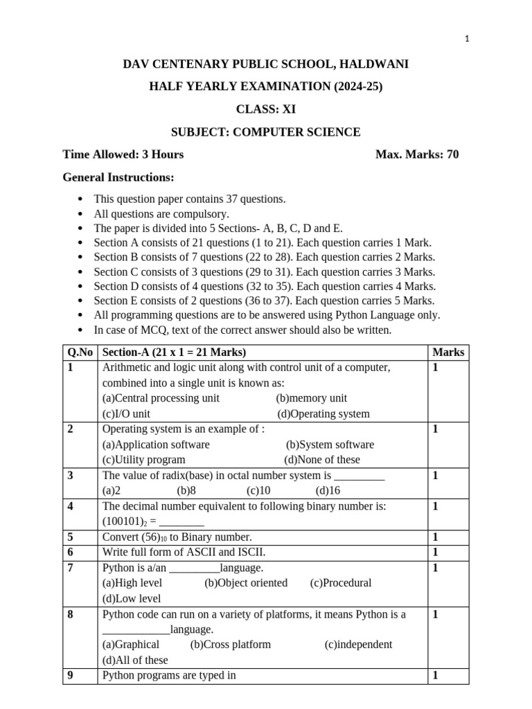 Computer Science Class Xi Question Paper Hy Exam 2024-25 | PDF | Control Flow | Python ...