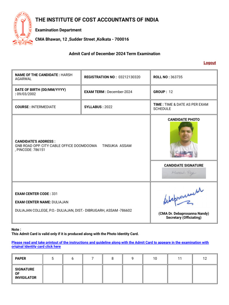 Admit Card of December 2024 Term Examination | PDF