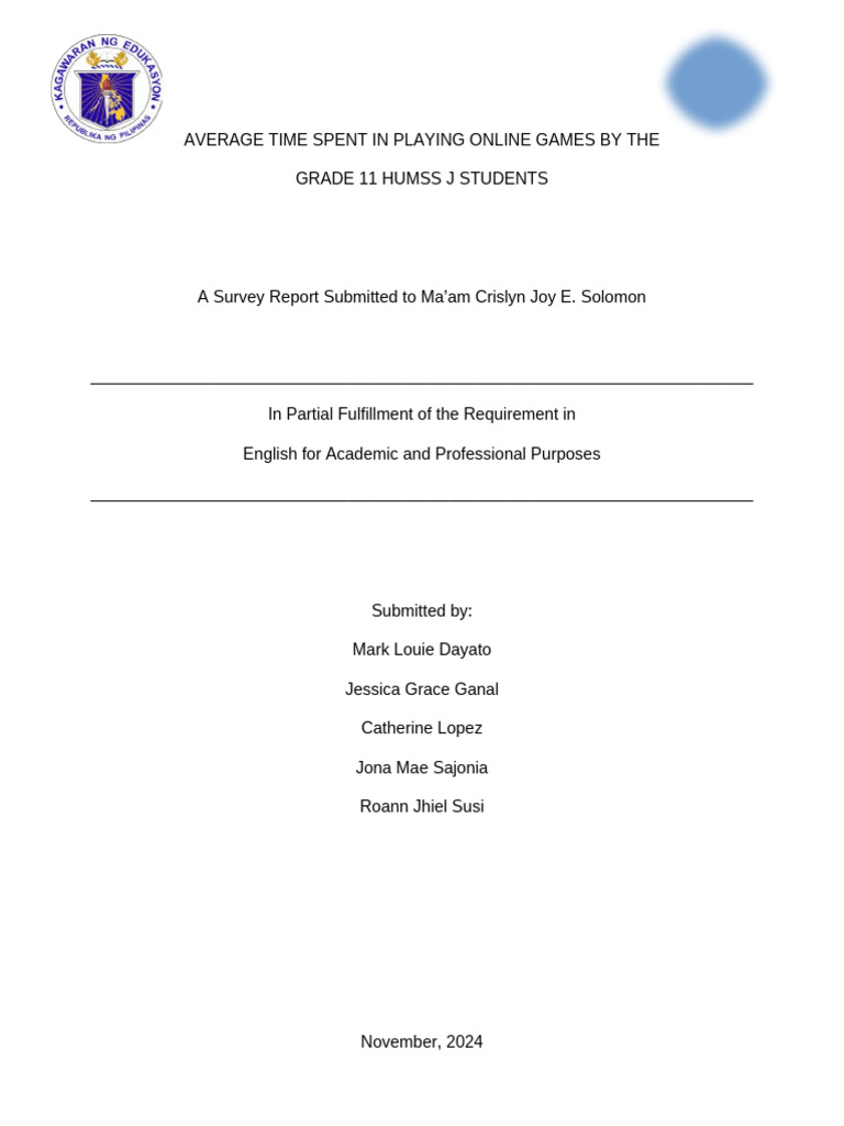 Survey Report: Online Gaming Time | PDF