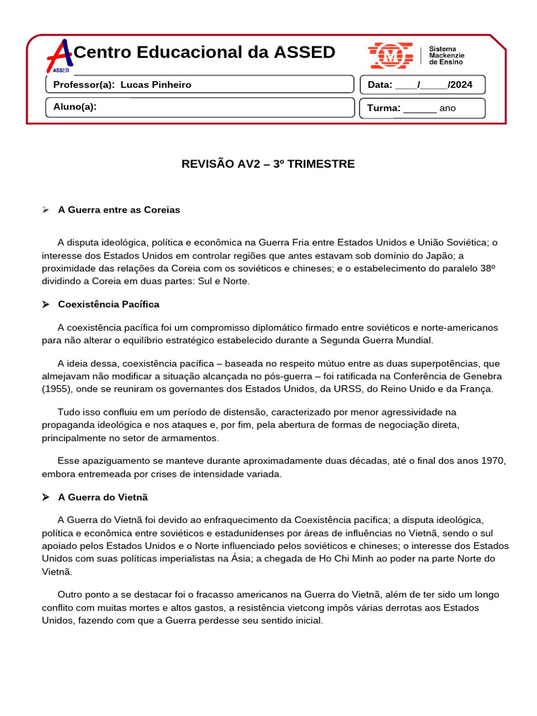 RevisÃ o AV2 9Âº Ano. | PDF | Cuba | União Soviética