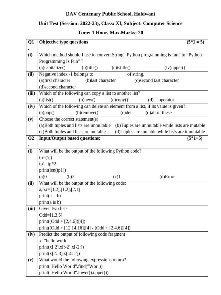 Class XI Computer Science Unit Test 2022-23 | PDF | Programming ...