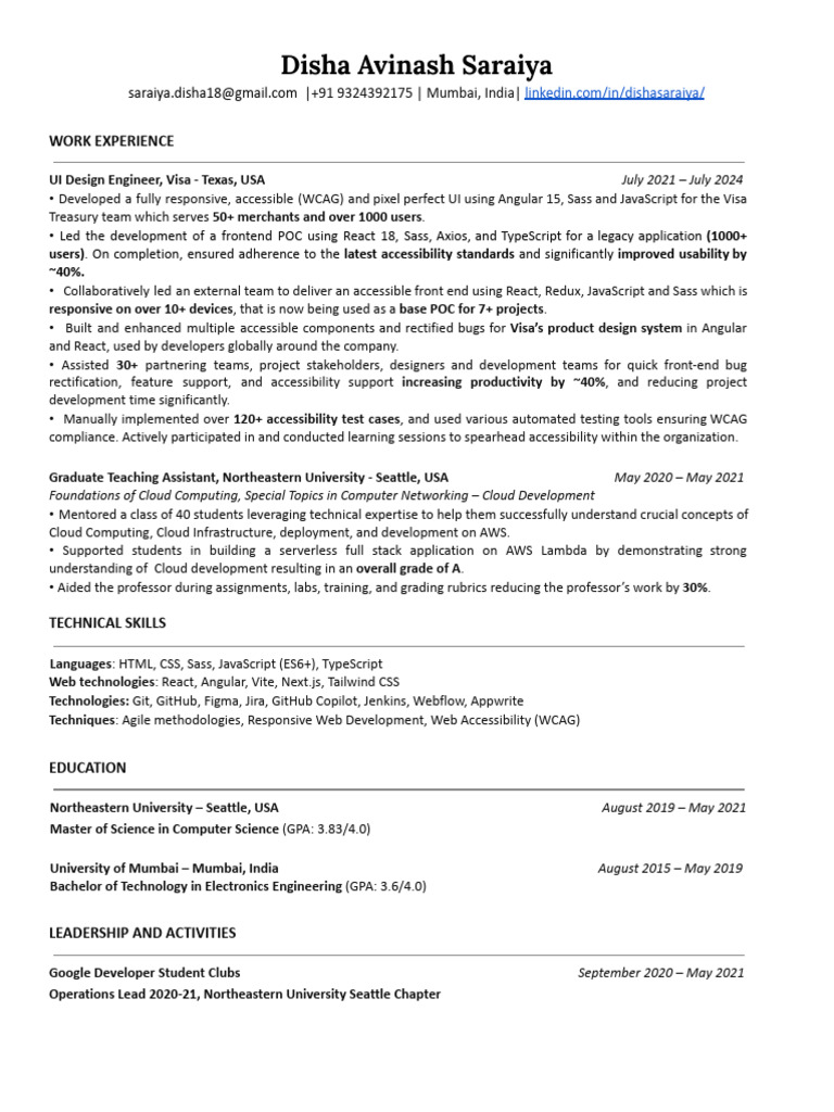 Resume_Disha_Saraiya (1) | PDF | Web Development | Cloud Computing