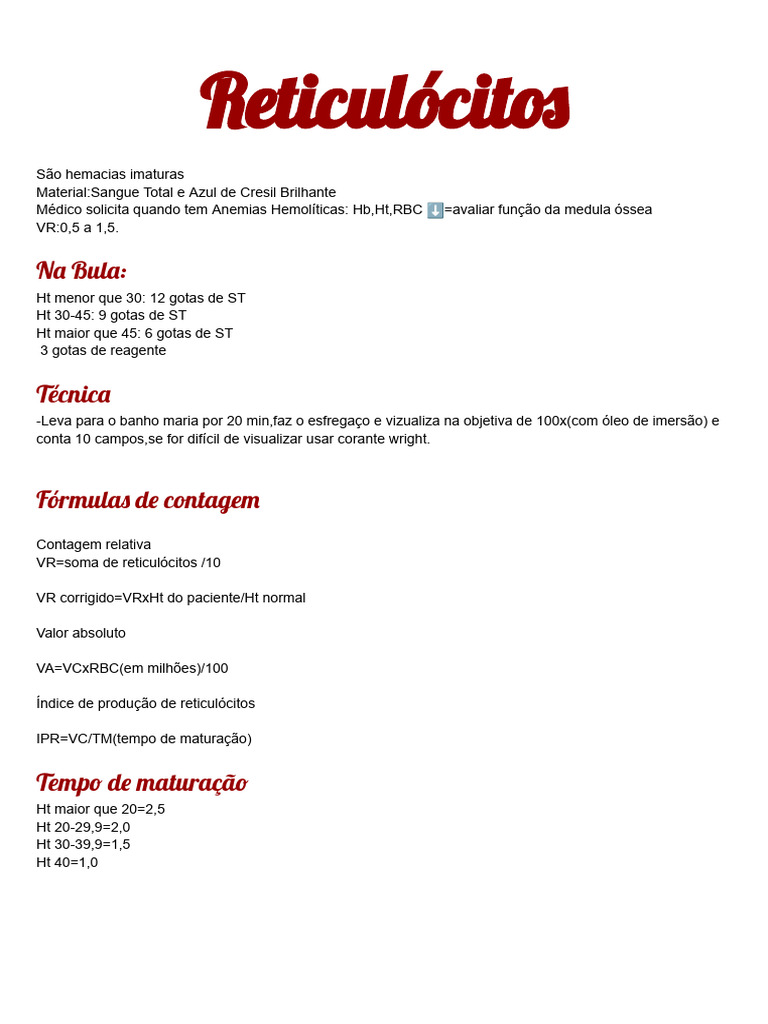 Contagem de Reticulócitos: Técnica e Fórmulas | PDF