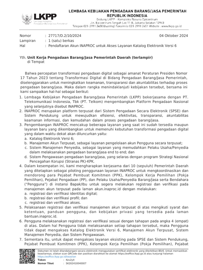 Surat Pendaftaran Akun Inaproc Pemda LKPP Untuk Katalog Versi 6 | PDF