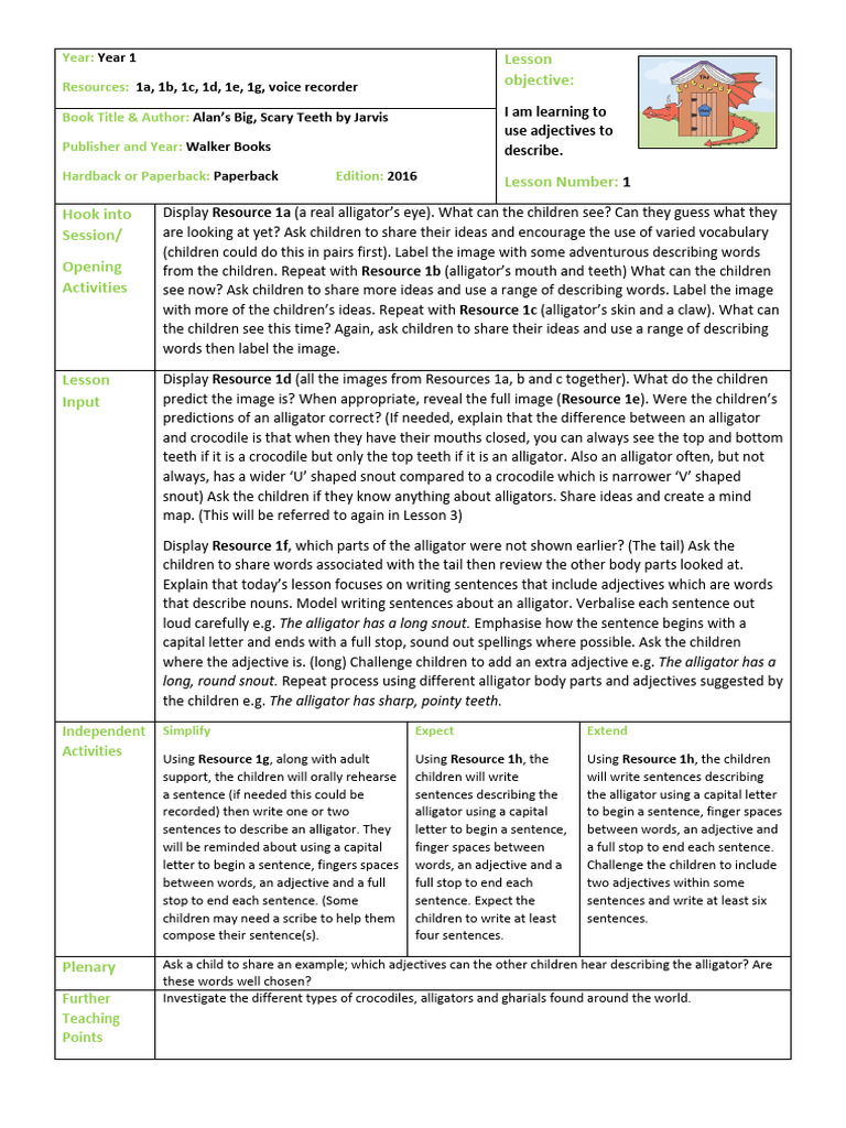 Alans Big Scary Teeth by Jarvis 5 - 7 - Lesson Planning | PDF ...