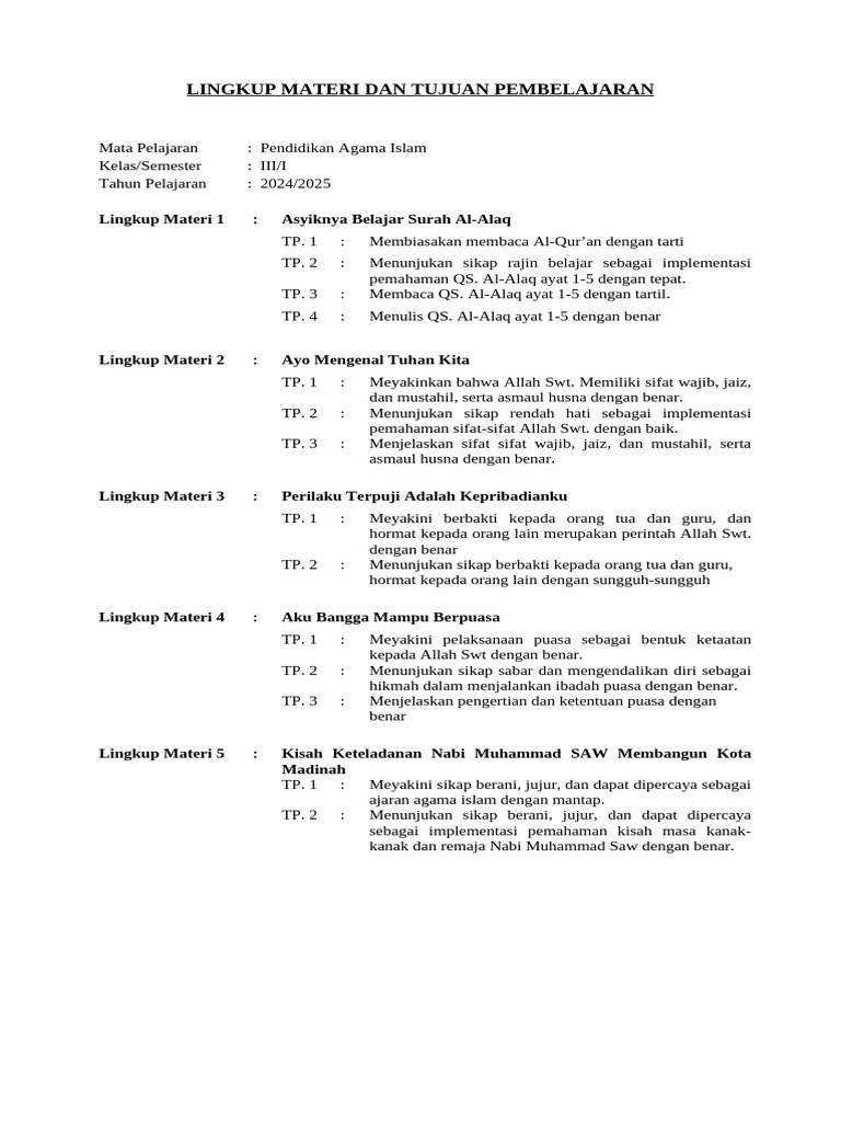 Lingkup Materi Dan Tujuan Pembelajaran Kelas 3 | PDF