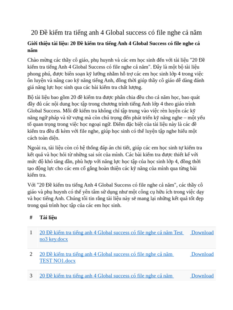 20 Đề kiểm tra tiếng anh 4 Global success có file nghe cả năm | PDF