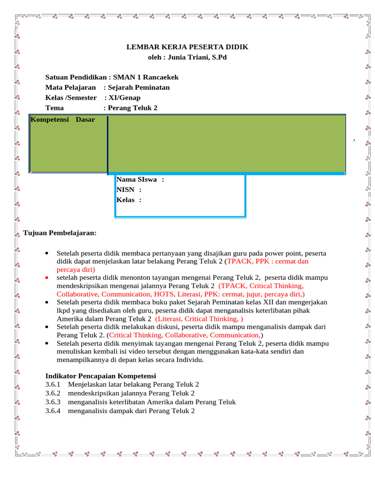 Lembar Kerja Sejarah Perang Teluk 2 | PDF