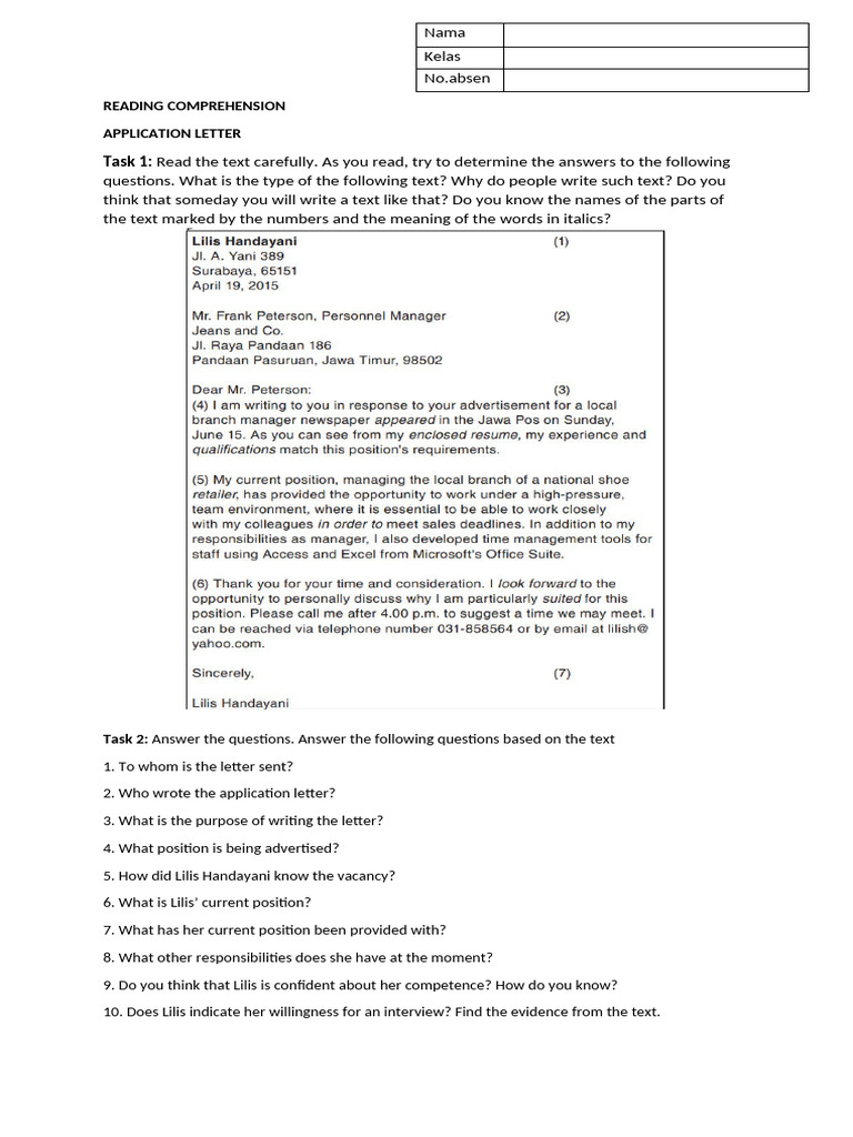 Reading Comprehension: Application Letter | PDF