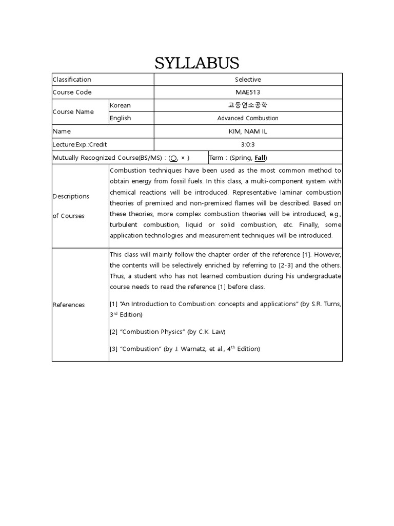 Adv Combustion Syllabus 2024 | PDF | Combustion | Turbulence