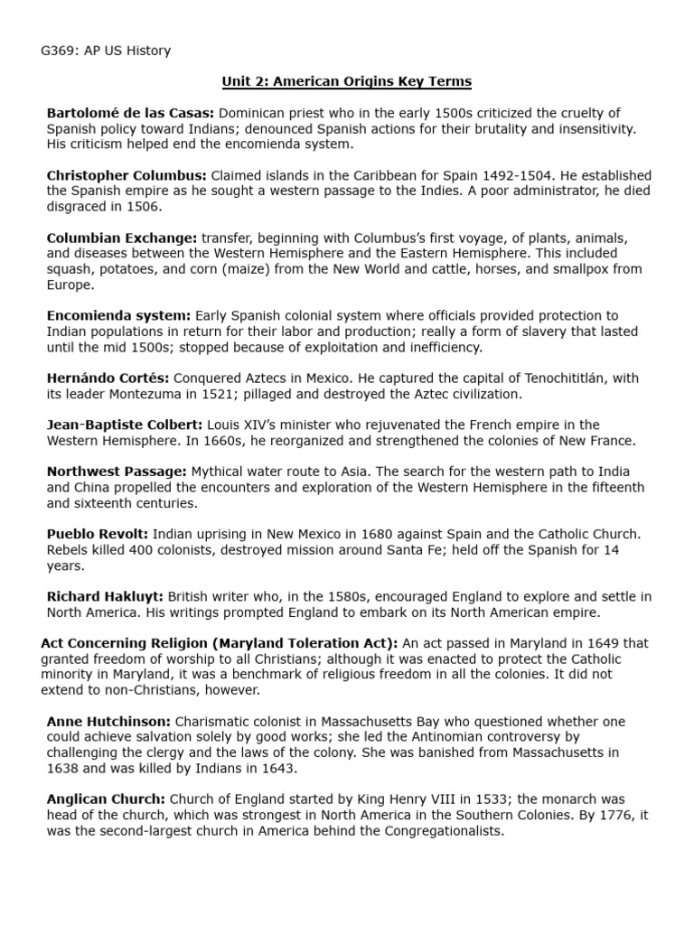 Unit 2 - American Origins Key Terms | PDF | Thirteen Colonies | Spanish ...
