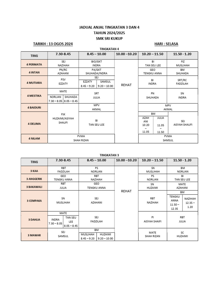 Jadual Anjal Tingkatan 3 dan 4 SMK 2024 | PDF
