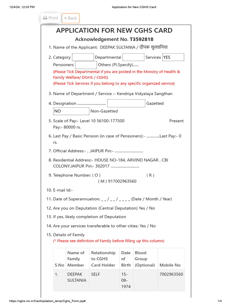 Application For New CGHS Card | PDF | Identity Document