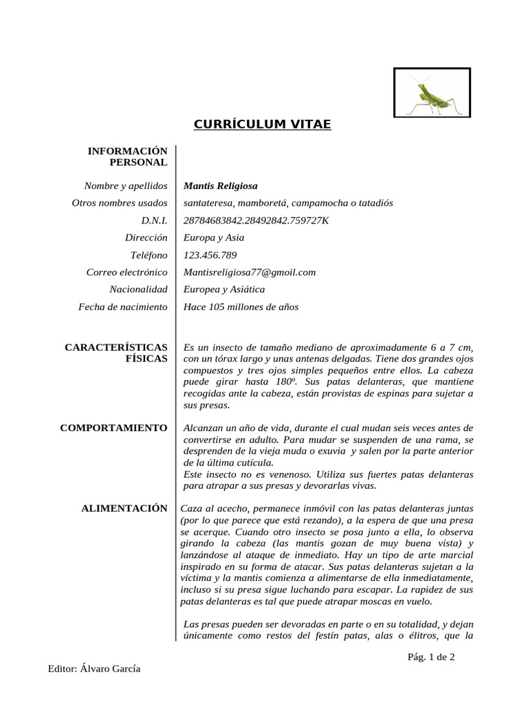 CURRICULUM VITAE (Mantis Religiosa) - Álvaro García | PDF | Insectos