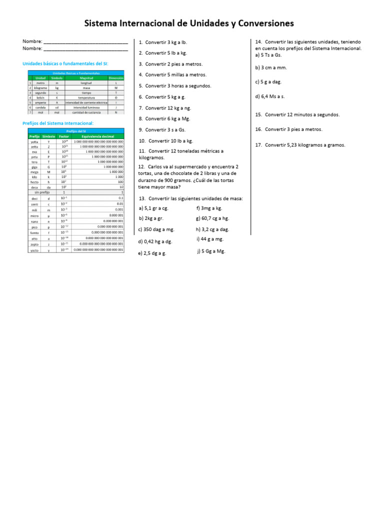 Ejercicios Sistema Internacional de Unidades y Conversiones | PDF | Unidades de medida | Sistema ...